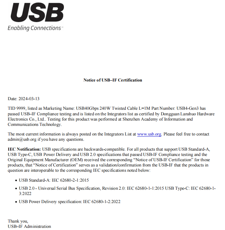 USB-If certificated cable USB4 Cable source factory 40Gbps 240W 48V 5A ...